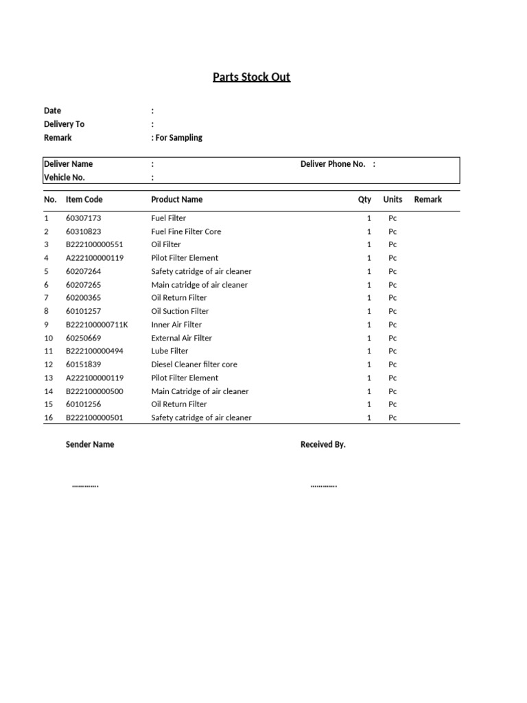 Parts Stock Out Delivery List | PDF