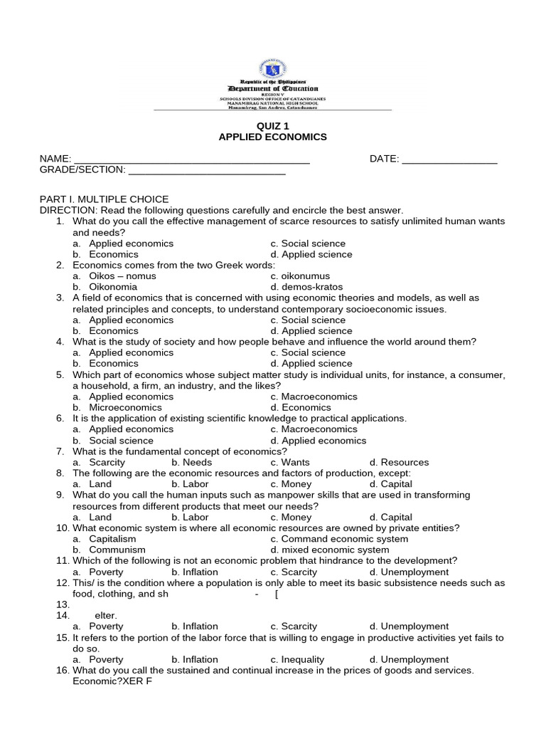 Economics Quiz: Concepts & Applications | PDF | Cost Of Living | Economics