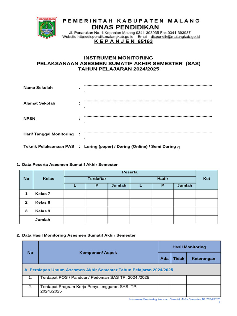 Instrumen Monitoring Asesmen Semester 2024 | PDF