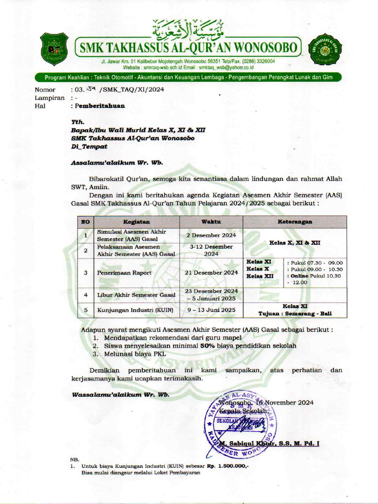 Surat Pemberitahuan AAS & KUIN 2024-2025 | PDF