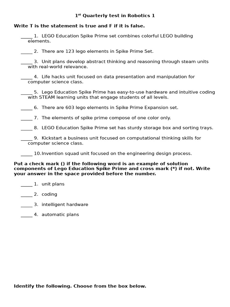 1st Quarterly Test in Robotics 1 | PDF