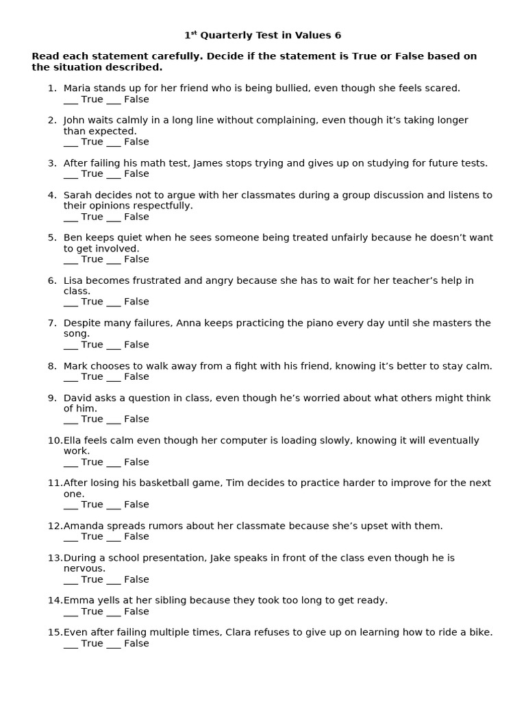 1st Quarterly Test in Values 6 | PDF | Mass (Liturgy)