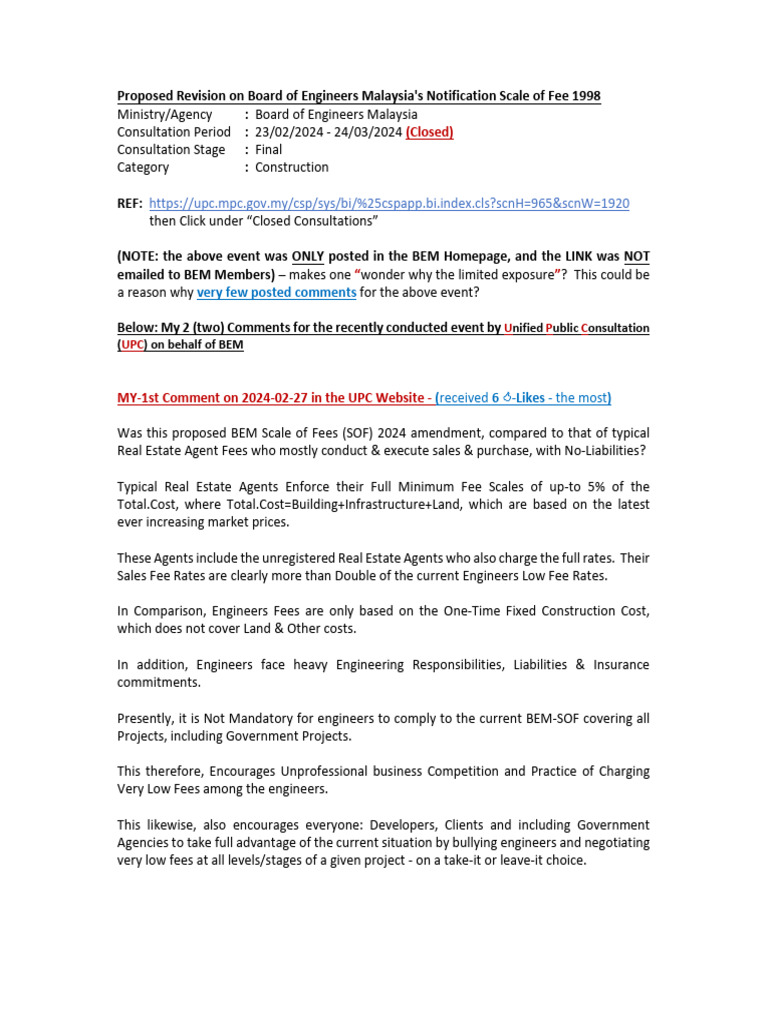 BEM - 2024-02-27 - Comment Scale of Fee 1998 | PDF | Engineering | Business