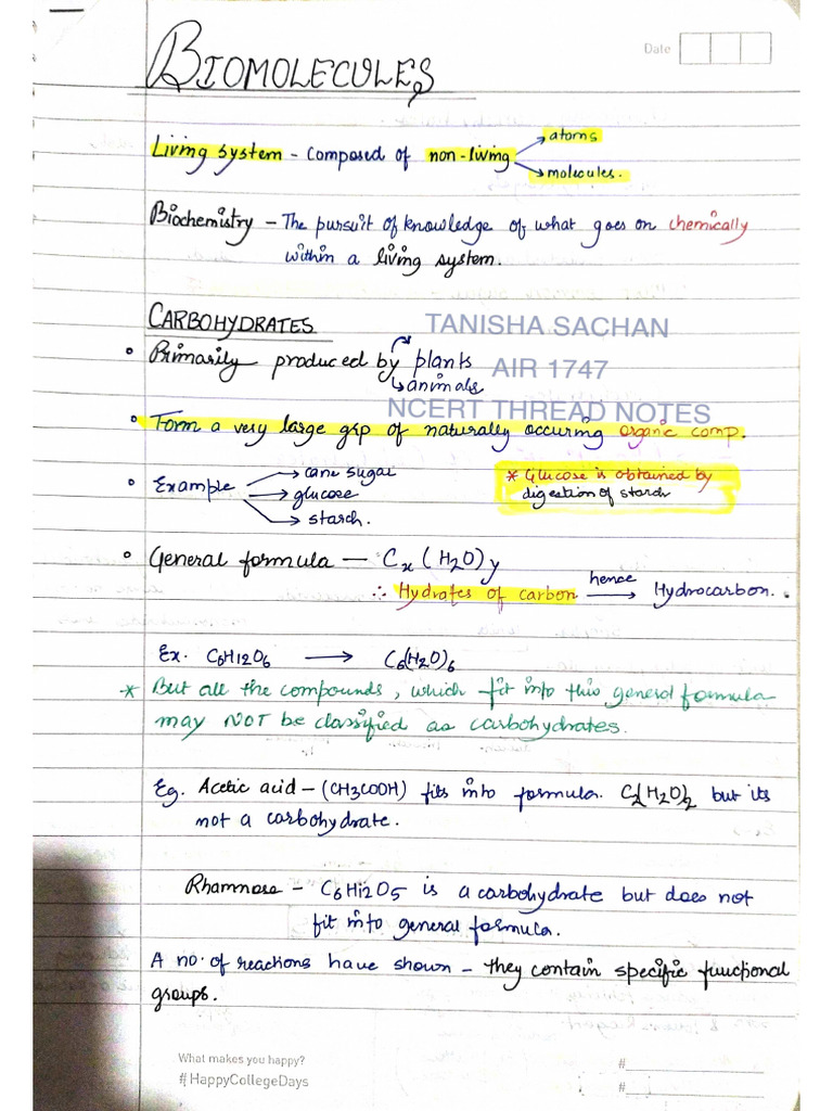 Biomolecules Chemistry Ncert Thread Notes | PDF