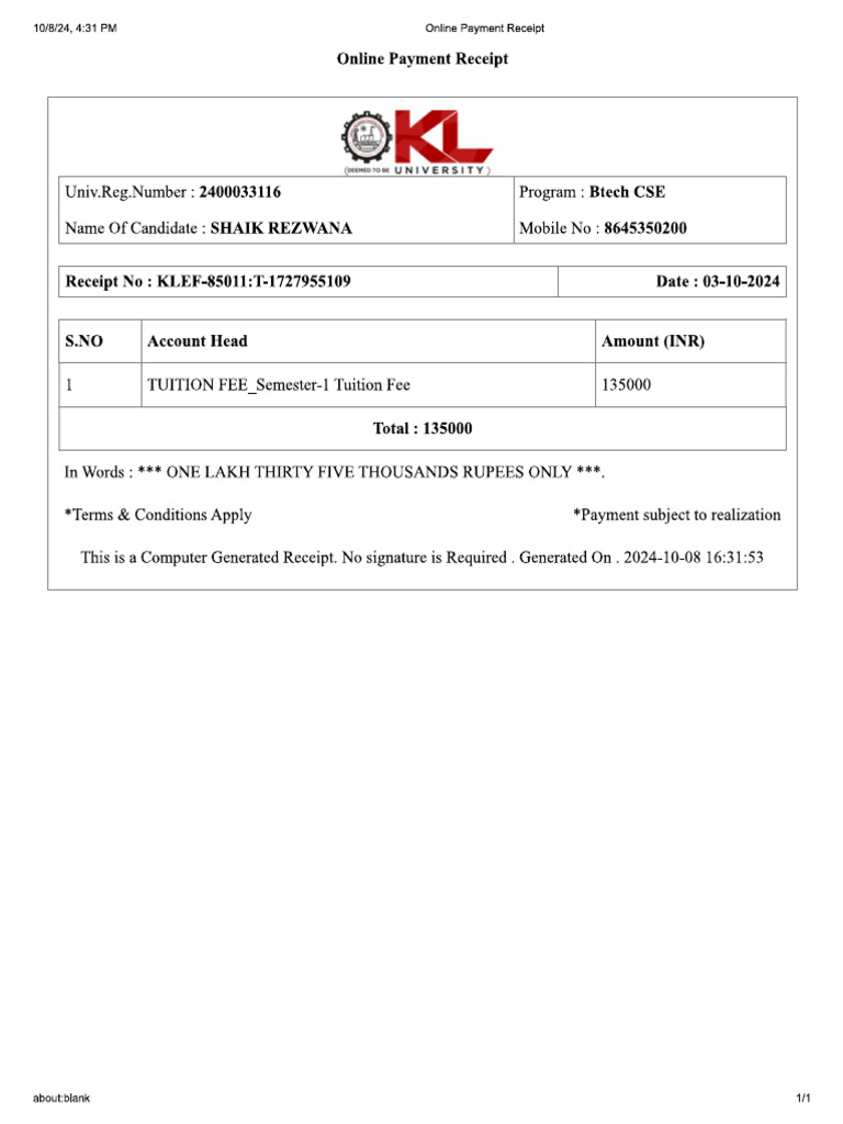 KLU SEM 1 FEE RECEIPT | PDF