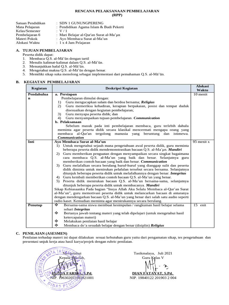RPP Pai 1 Lembar Kelas 5 | PDF