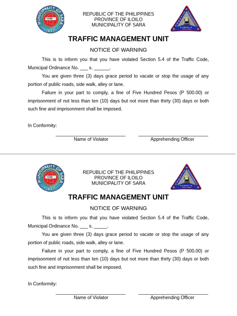 Iloilo Traffic Violation Warning Notice | PDF
