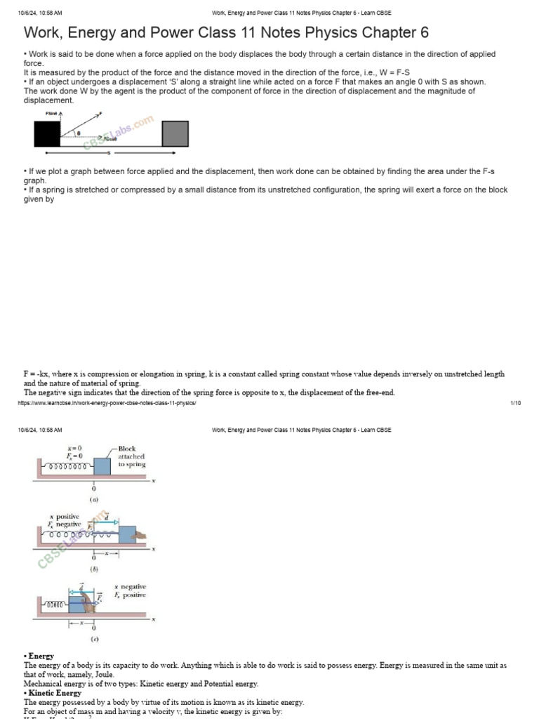Work, Energy and Power Class 11 Notes Physics Chapter 6 - Learn CBSE ...