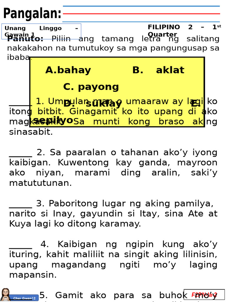 FILIPINO2 Worksheets Q1 W1 | PDF