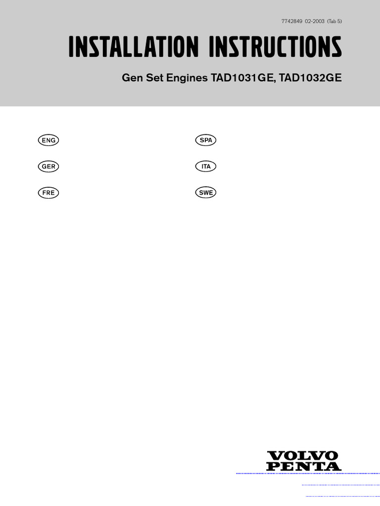 Installation Instructions: Gen Set Engines TAD1031GE, TAD1032GE | PDF