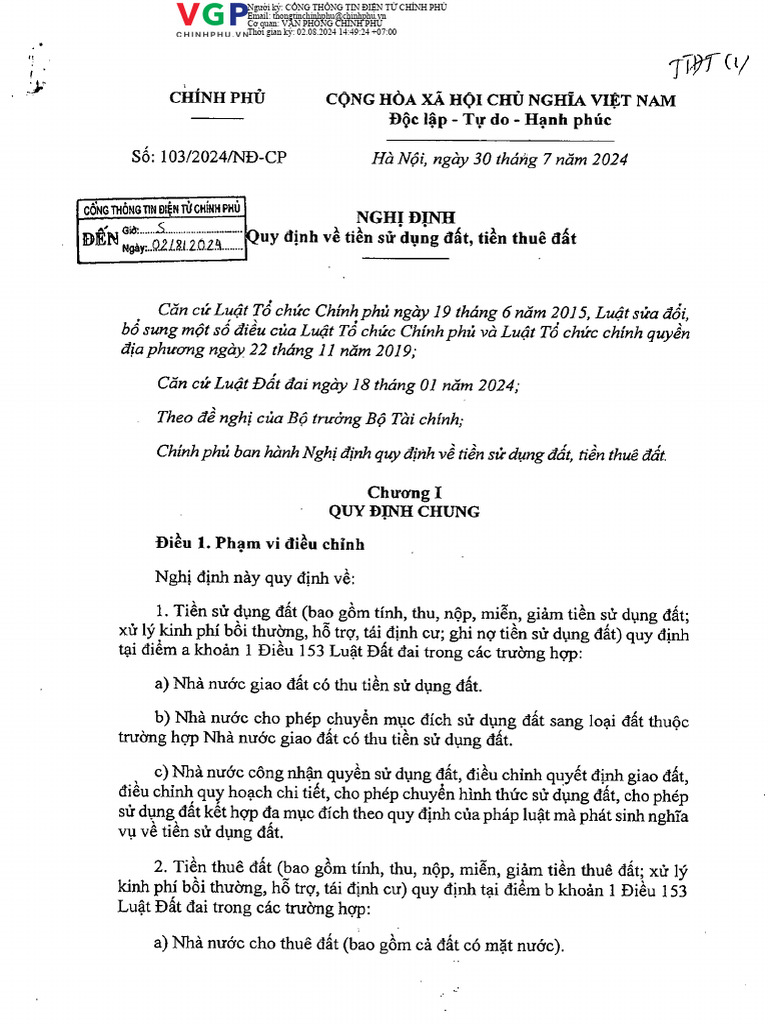 ND 103.2024 - Quy Dinh Ve Tien Sung Dat, Tien Thue Dat | PDF
