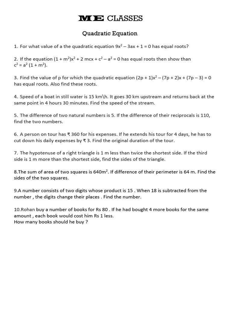 Equal Roots in Quadratic Equations | PDF