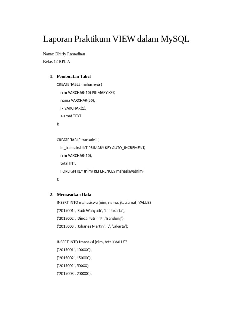 Laporan Praktikum VIEW Dalam MySQL | PDF