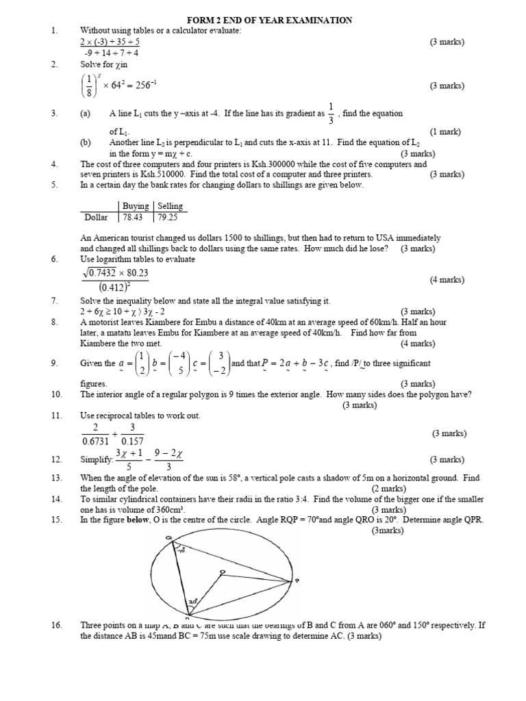 Form 2 End of Year Examination | PDF | Area | Triangle