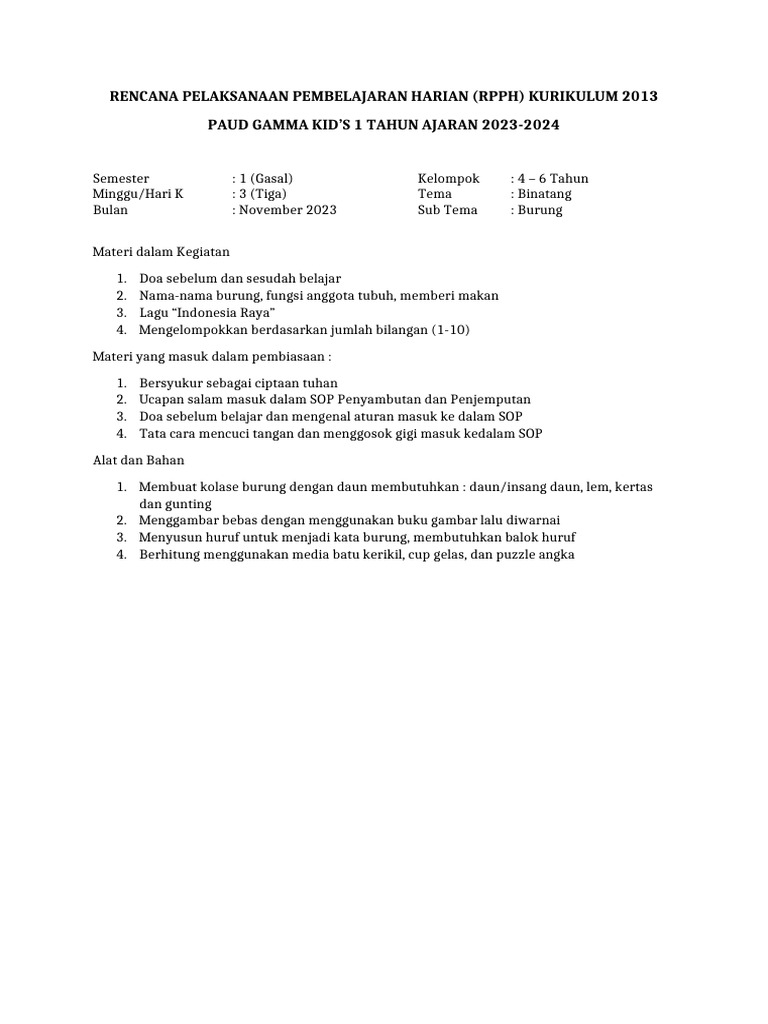 RPPH Tema Burung PAUD 2023-2024 | PDF