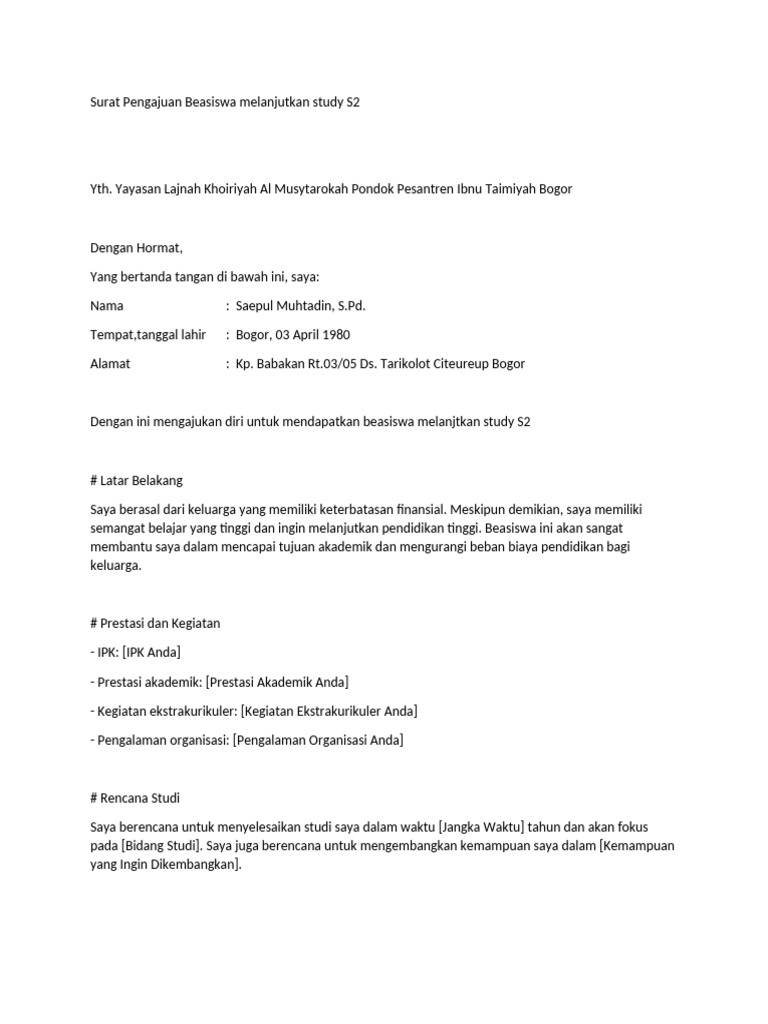 Surat Pengajuan Beasiswa melanjutkan study S2 | PDF