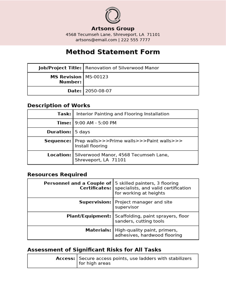 Method Statement Form Template | PDF
