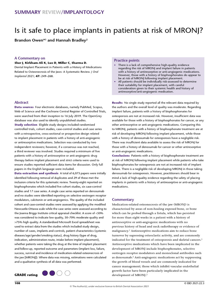Is It Safe To Place Implants in Patients at Risk of MRONJ | PDF ...