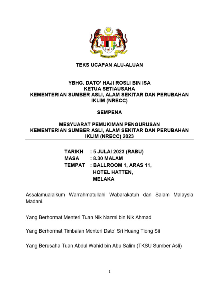 Teks Ucapan Aluan Mesyuarat Pemukiman Pengurusan Nrecc 2023 (5 Julai ...