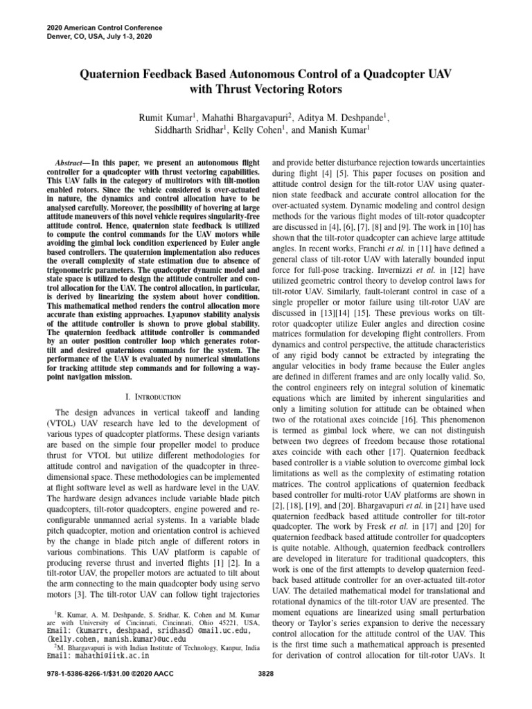 Quaternion Feedback Based Autonomous Control Of A Quadcopter Uav With