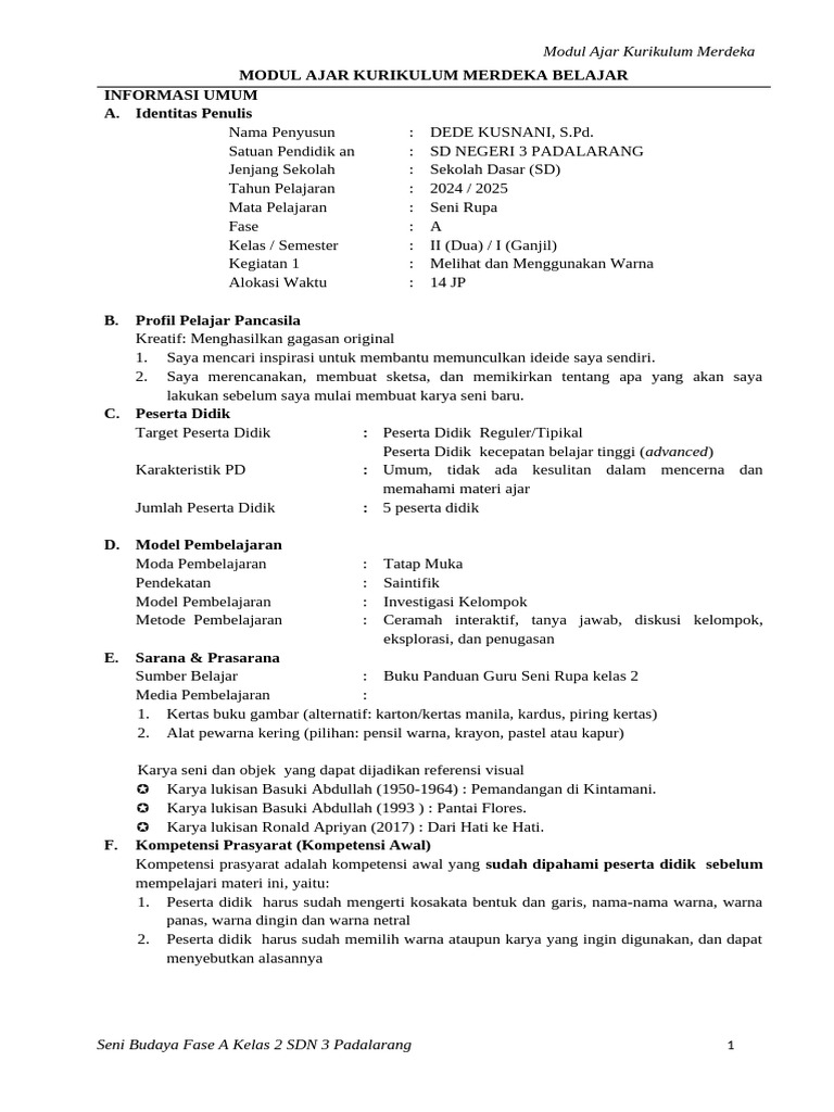 SENI RUPA KELAS 2 BU DEDE | PDF