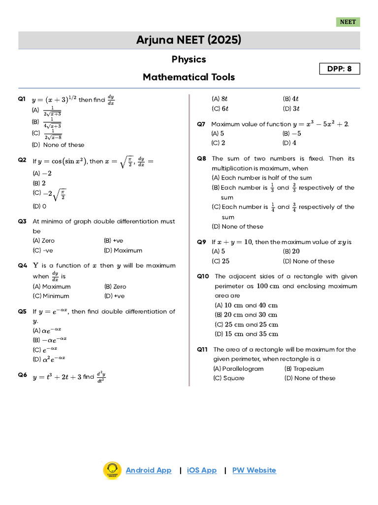 663cf45edca9fa0018167b57 - ## - Mathematical Tools - DPP 08 (Extra) - Arjuna NEET 2025 | PDF ...