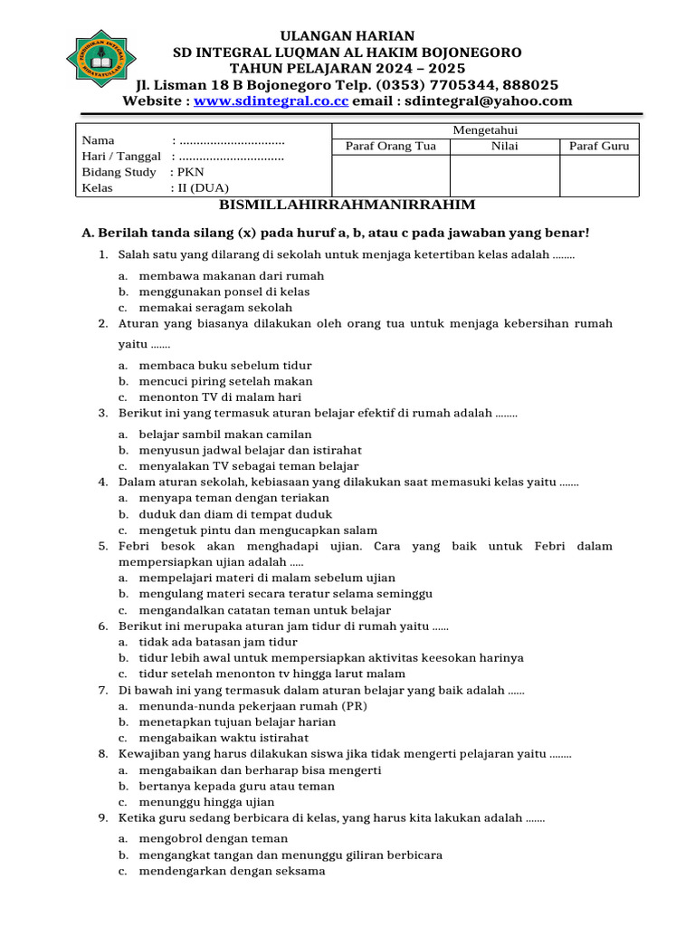 Uh 1 Pkn Kelas 2 Smstr 1 | PDF