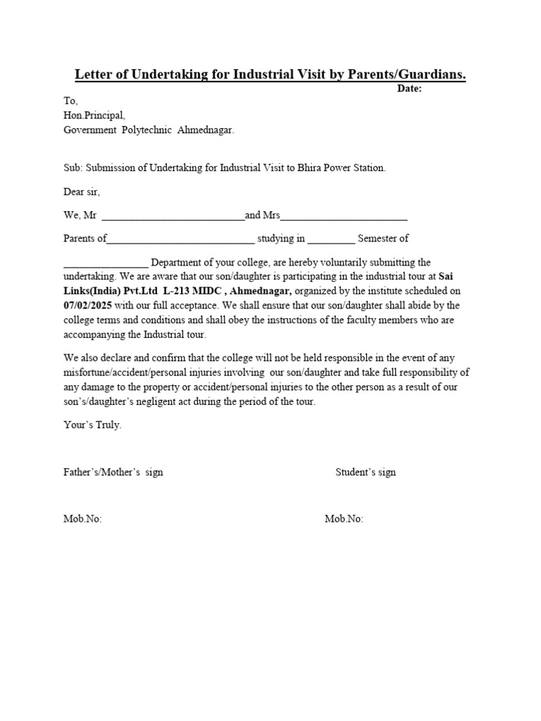 Letter of Undertaking For Industrial Visit by Parents | PDF