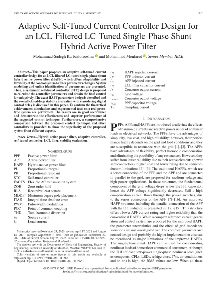 Adaptive Controller for Single-Phase HAPF | PDF | Electronic Filter ...