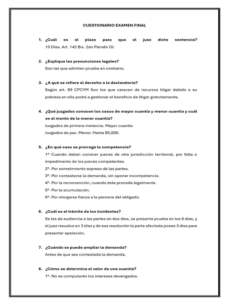 Cuestionario Final | PDF | Demanda judicial | Testigo