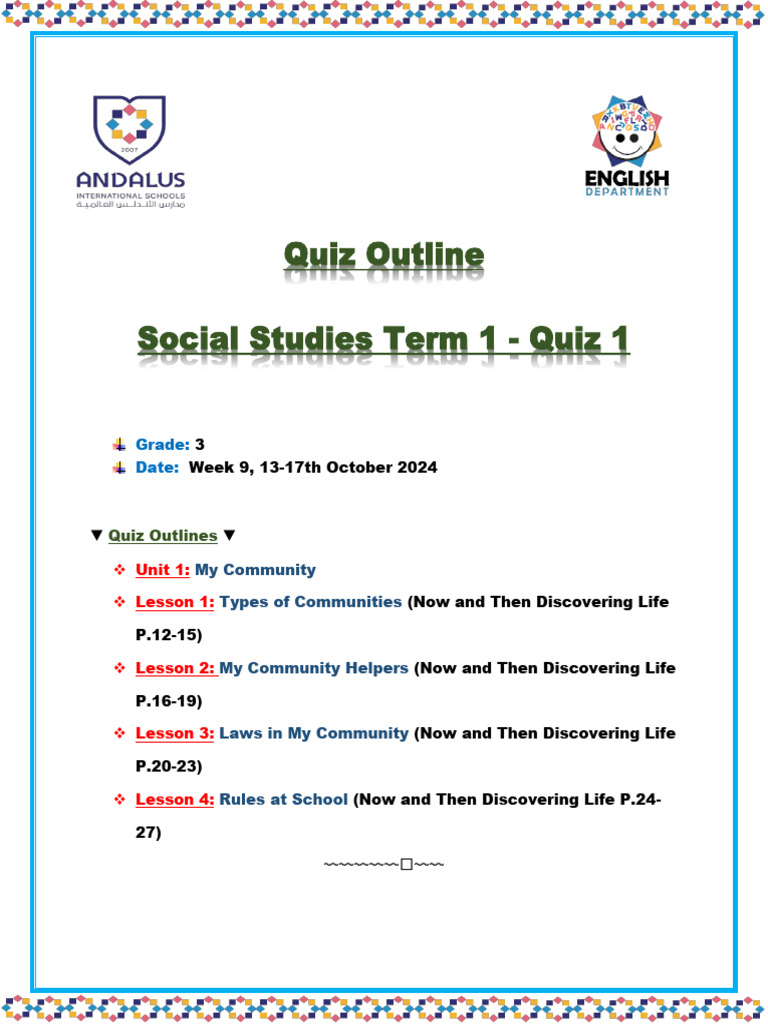 Grade 3 Erm 1 Quiz 1 Social Studies Outline | PDF