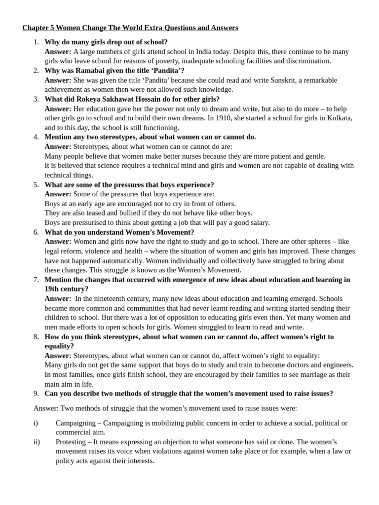 CH 5 Civics Women Change The World | PDF | Feminist Movement | Literacy