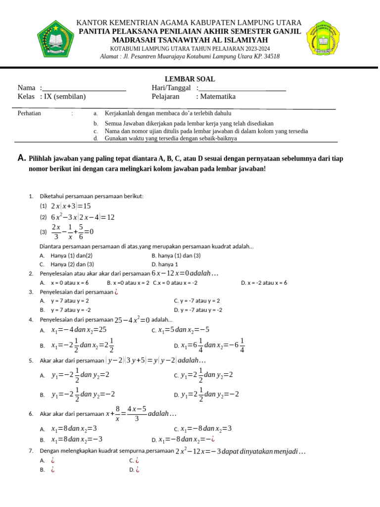 soal semester ganjil IX (1) | PDF
