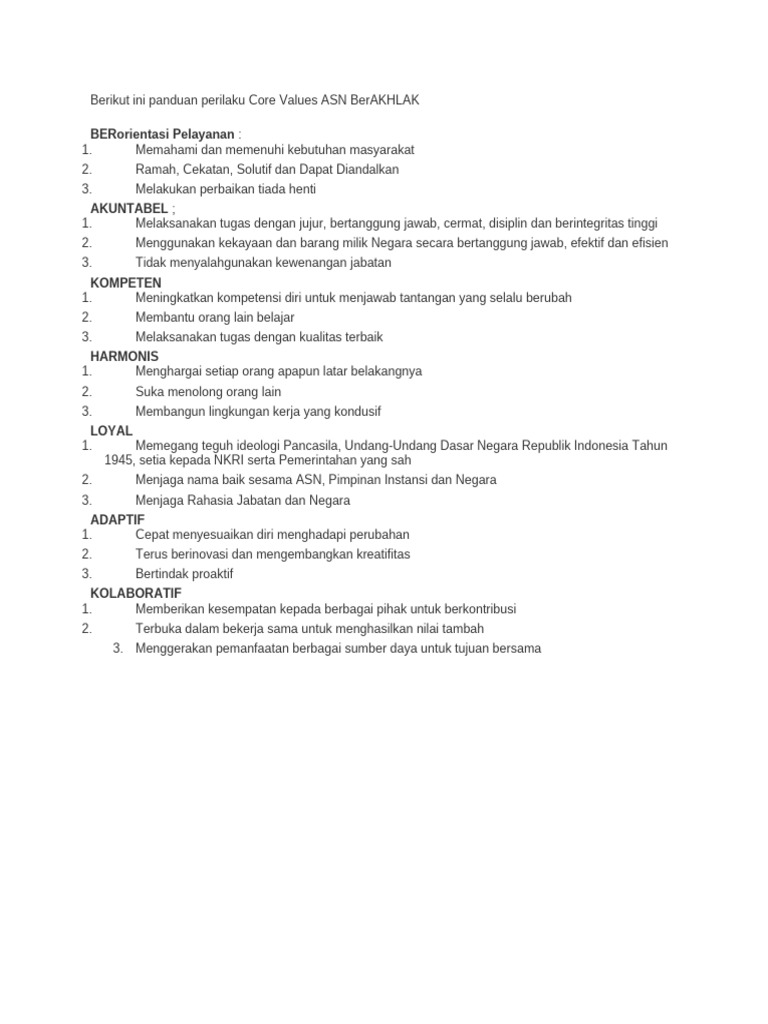 Panduan Perilaku Core Values ASN BerAKHLAK | PDF