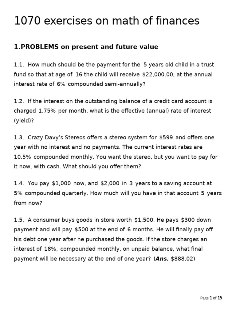 1070 Exercises Math Finance | PDF | Interest | Present Value