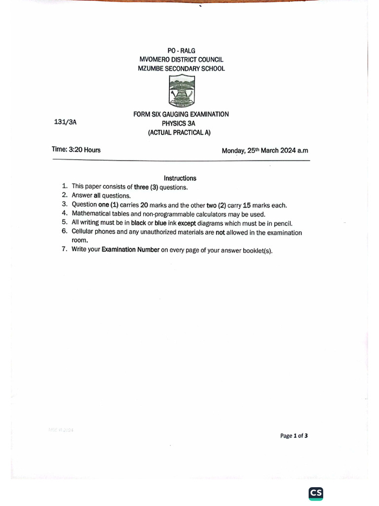 Mzumbe Gauging Physics 3a 2024 | PDF