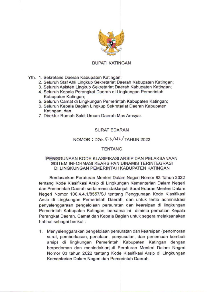Surat Edaran Bupati Katingan Tentang Penggunaan Kode Klasifikasi Arsip Dan Pelaksanaan Sistem ...