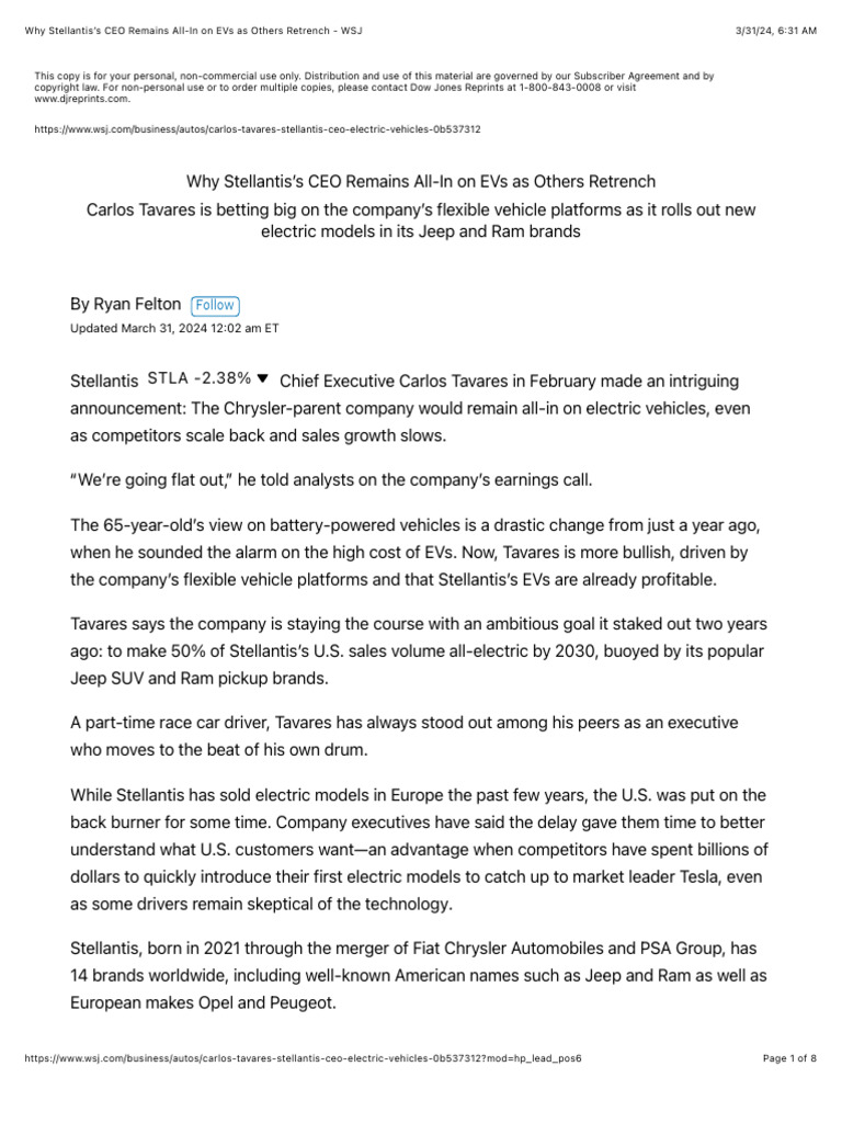 Why Stellantis's CEO Remains All-In On EVs As Others Retrench - WSJ | PDF | Electric Vehicle | Dodge