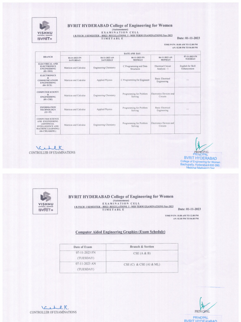 I B.Tech-I Sem Mid-1 Time Table | PDF