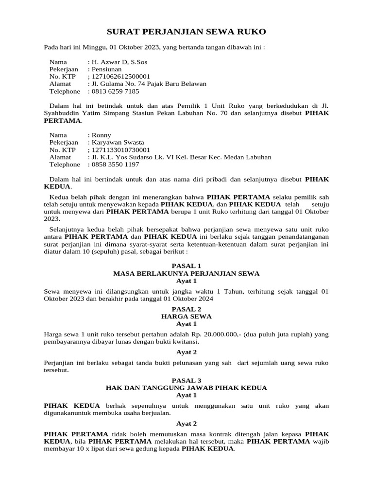 Surat Perjanjian Sewa Ruko | PDF