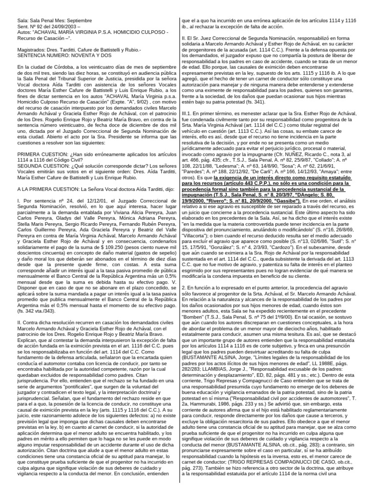 Achaval María Virginia P.S.A. Homicidio Culposo - 3 Hojas | PDF | Caso ...