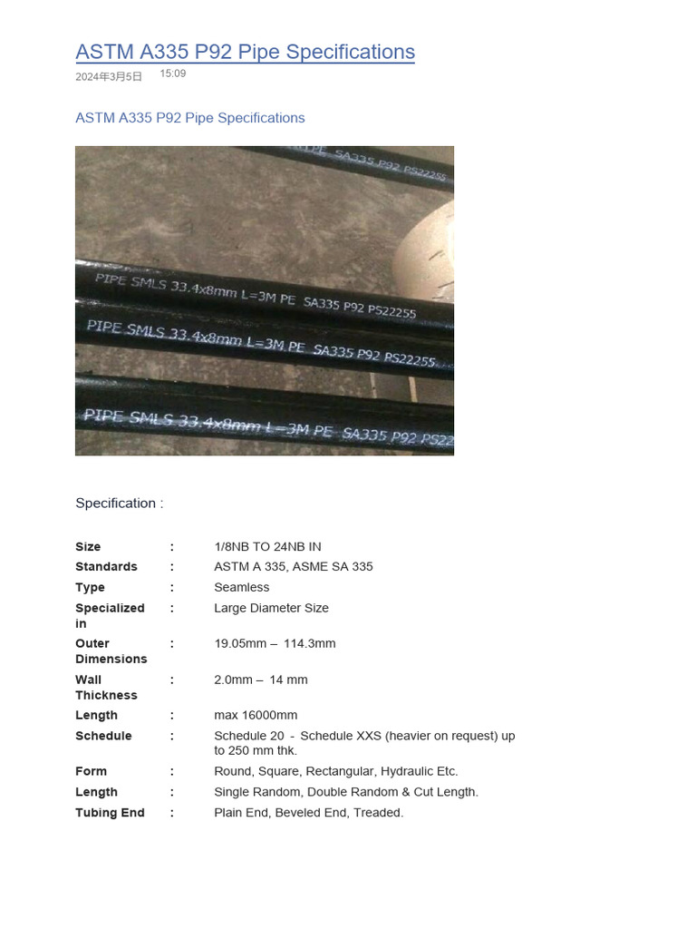 ASTM A335 P92 Pipe Specifications | PDF | Pipe (Fluid Conveyance) | Building Materials