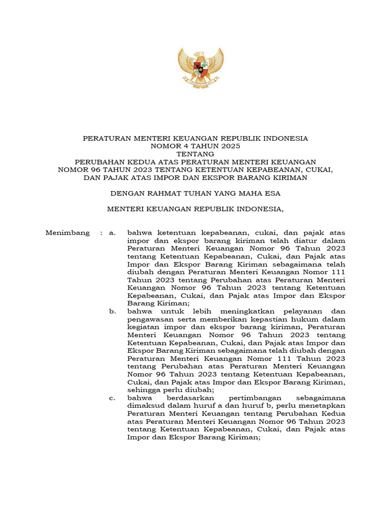 PMK 04 Tahun 2025 - Perubahan Kedua Barang Kiriman | PDF