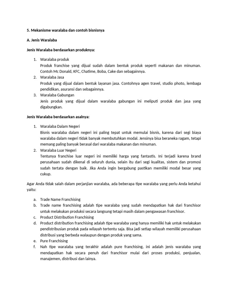 Jenis dan Contoh Bisnis Waralaba | PDF