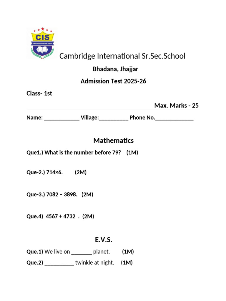 Admission Test 1st | PDF