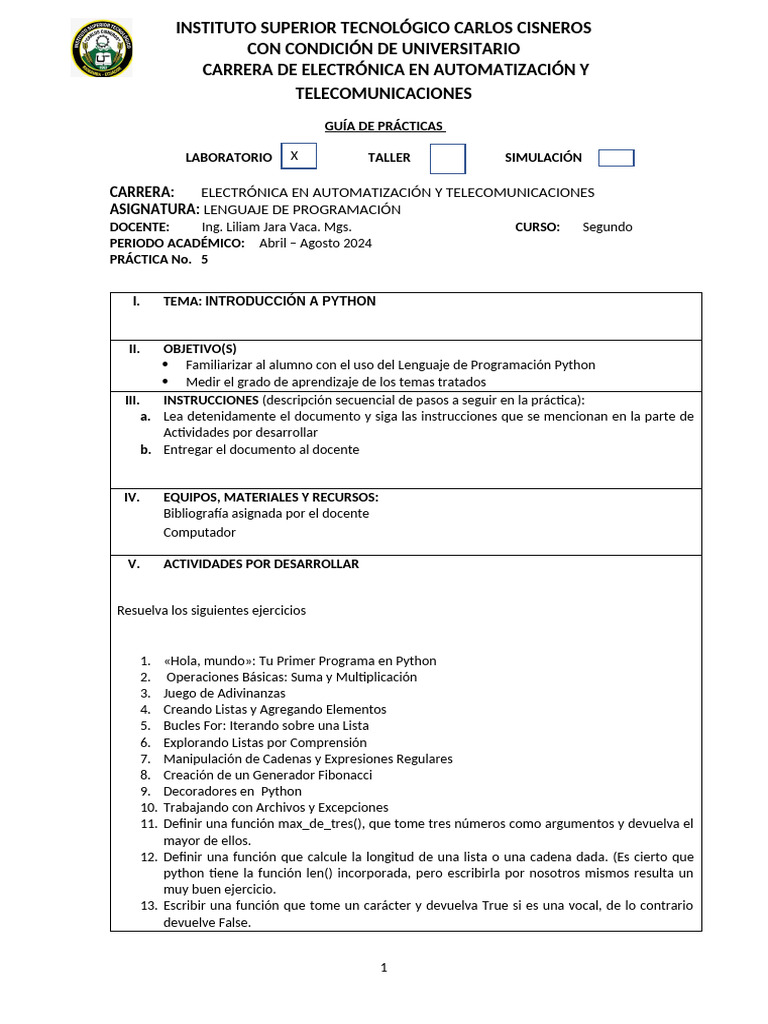 Guía de Prácticas: Python Básico | PDF | Python (lenguaje de programación) | Maestros