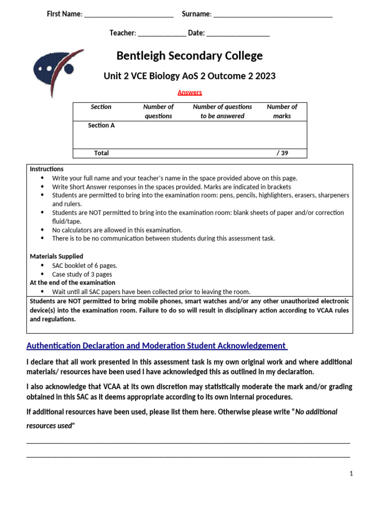 2023 Unit 2 Aos 2 Biology Sac Answers | PDF | Reproduction | Desert