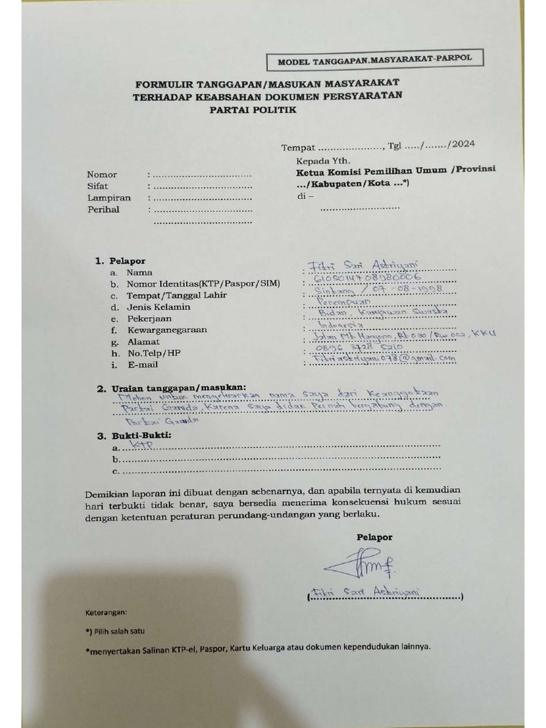 Surat Pernyataan Dari KPU | PDF