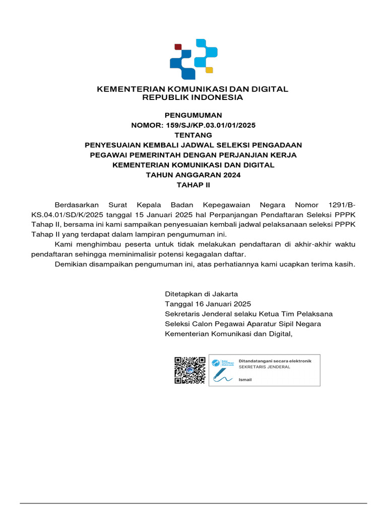159 - Pengumuman Penyesuaian Kembali Jadwal Seleksi PPPK Tahap II | PDF