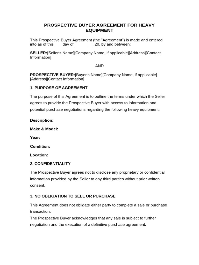 Prospective Buyer Agreement For Heavy Equipment | PDF
